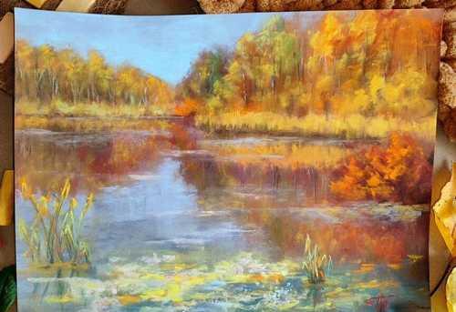 Картина пастелью «Осенний пруд»