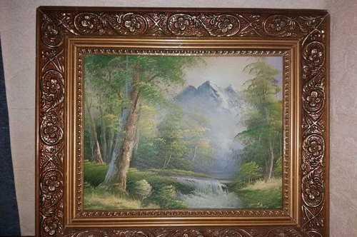 Картина масло холст горы лес размер А4