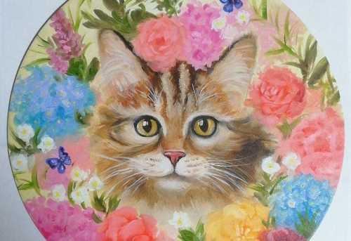 Кошка в цветах. Круглая картина маслом 40х40