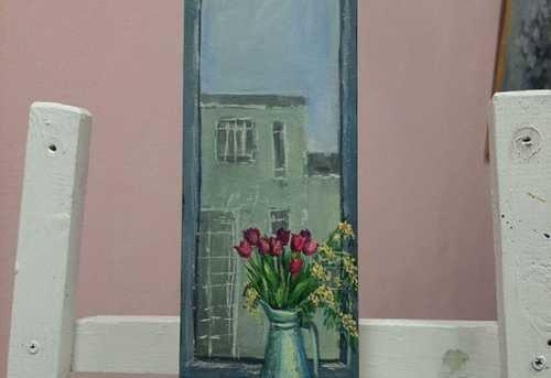 Картина тюльпаны мимоза окно