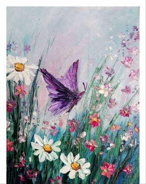 Небольшая картина маслом с цветами и бабочкой