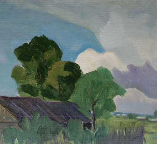 Картина маслом "Деревня Покров. Облака"