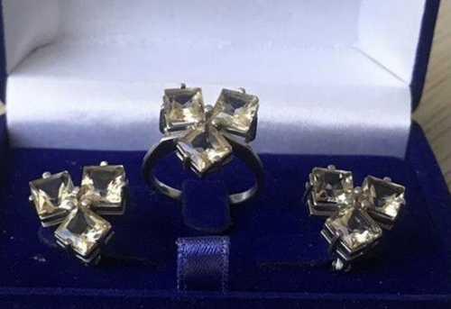 Серебряные серьги и кольцо с цитринами