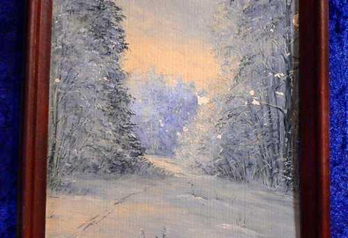 Картина "Зима", картон, масло, Каледин, 1993 год