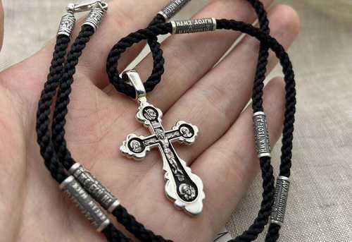 Комплект серебряный крест на гайтане с молитвой