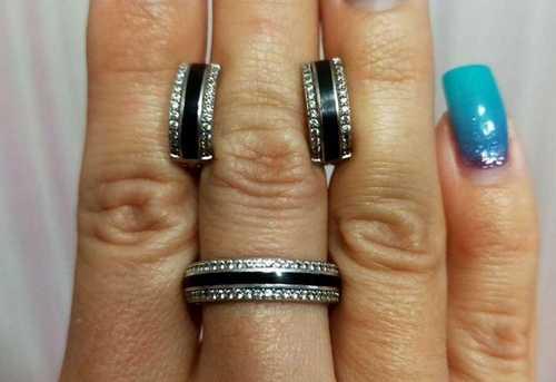Серебряное кольцо и серьги с эмалью и фианитами