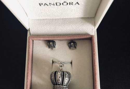 Pandora кулон серьги пуссеты Корона серебро Новые
