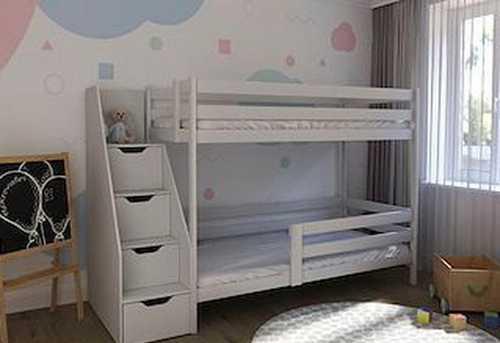 Двухъярусная детская кровать с лестницей комодом