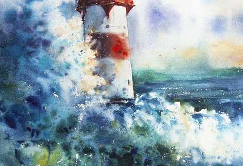 Картина акварелью с маяком "Сердце моря"