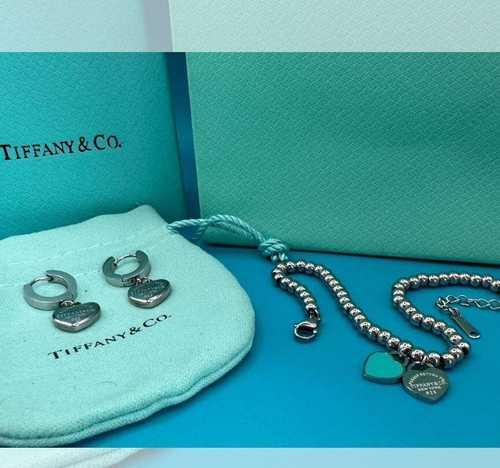 Tiffany браслет бусины + серьги silver