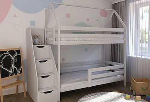 Двухъярусная детская кровать домик с лестницей ком