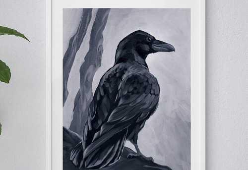 Интерьерная картина Ворон черно-белая живопись