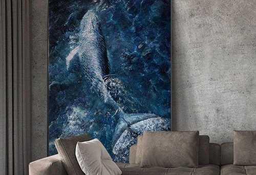Большая картина маслом синий кит Премиум холст