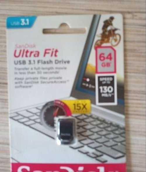 Флешка USB Sandisk ultra FIT 64 гб, USB3.1, черный