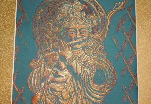 Старинная шелкография Будда с флейтой 65 см