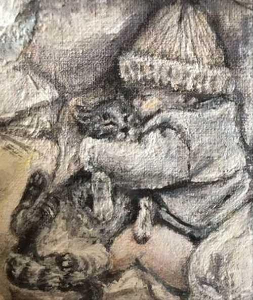 Картина ребенок и кот на мини холсте