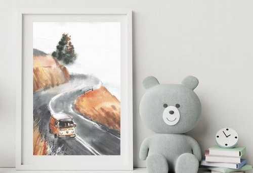 Акварельный рисунок для детской "Дорога в тумане"