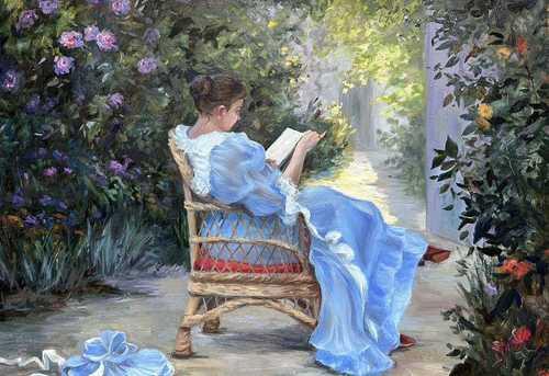 Картина маслом Девушка с книгой в летнем саду