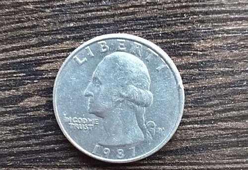 Монета 25 центов "Вашингтон" Р 1987 год