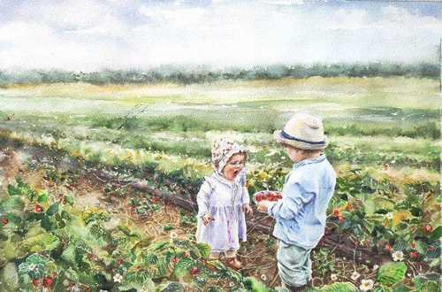 Картина А3 летний пейзаж клубника поле дети летом