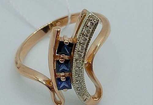 Золотое кольцо с синтетическим сапфиром и бриллиан