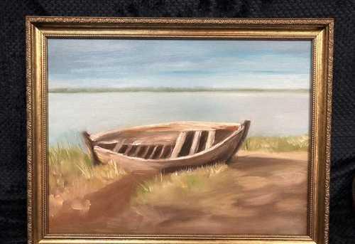 Картина маслом пейзаж лодка на озере холст
