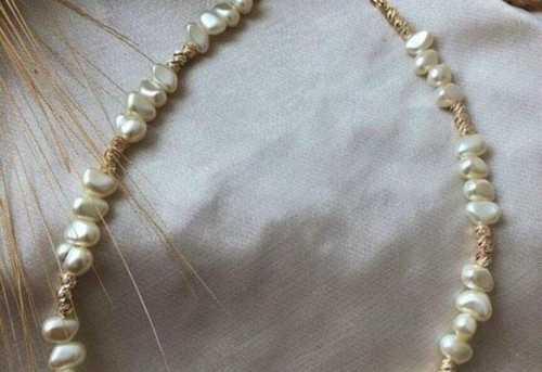 Ожерелье из натурального жемчуга и гематита