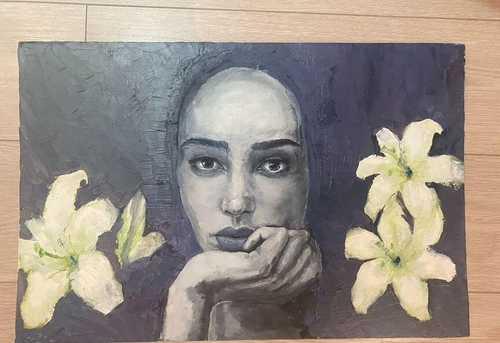 Картина маслом девушка и лилии 60x40 см