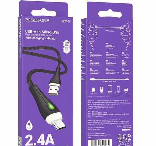 Кабель microusb 2.4А, тканевая оплетка,1м, borofone BX100, черный