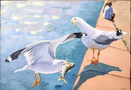 Картина, морской пейзаж с чайкой: "Везучая чайка"