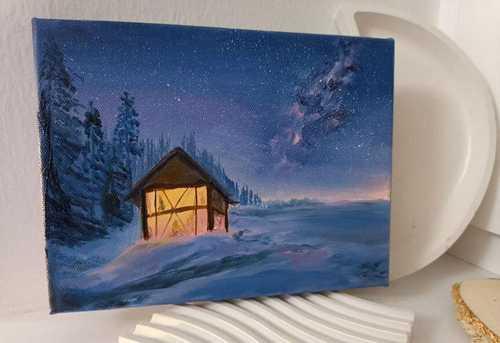 Картина маслом на холсте звезды домик зима
