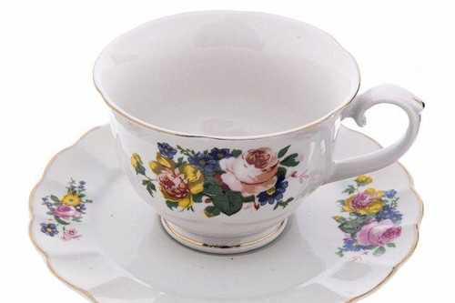 Пара чайная с цветочным декором, фарфор, деколь