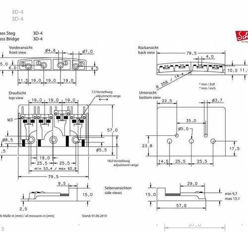Schaller 12130200 (467) 3D-4 CH Бридж (струнодержатель) для 4-х струнной бас-гитары