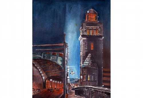 Картина акварелью ночной мост Петра Великого