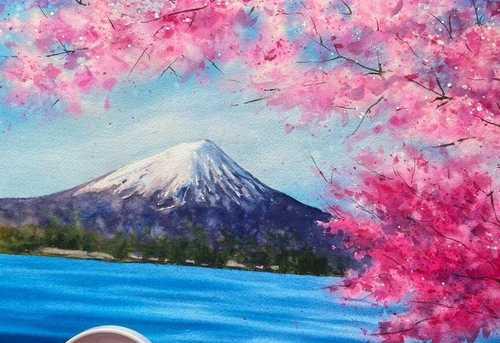 Картина акварелью. Цветение сакуры