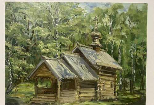 Картина маслом деревенская церквушка