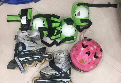 Роликовые коньки детские, шлем, защита