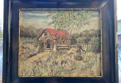 Картина маслом 1930 EG пейзаж с домом