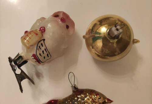 Елочные игрушки СССР сова буба, рыба и чайник