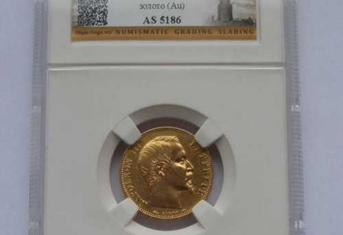 Золотая монета 20 франков Наполеон III в слабе