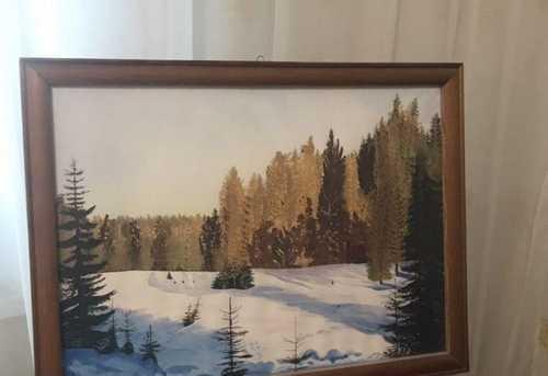 Картина "Зимний лес". Краски, гербарий