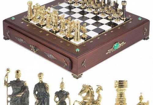 Шахматы «Римские» малахит, мрамор, бронза