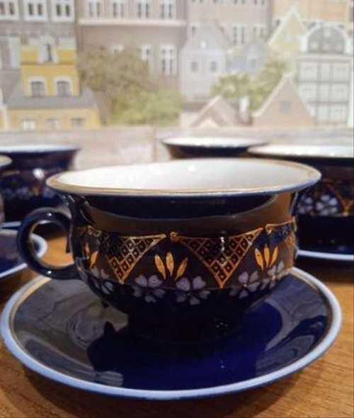 Кофейные чашки синие с золотом кобальт