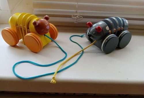 Мишка и мышка деревянные каталки с верёвочкой