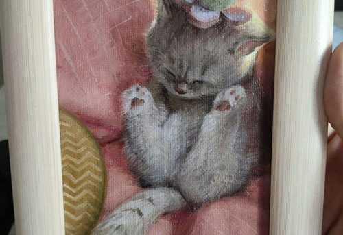 Картина маслом " Спящий котёнок"
