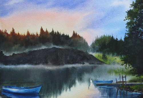 Картина акварелью Туманное утро на озере