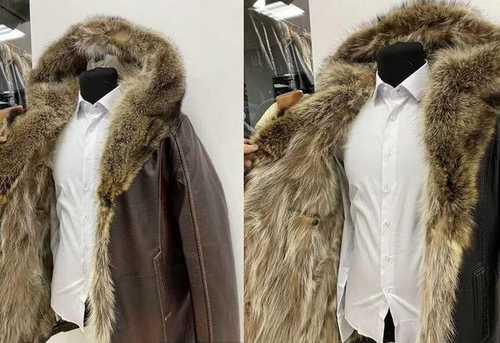 Мужская кожаная куртка с капюшоном с мехом волка