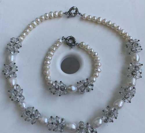Комплект ожерелье браслет из речного жемчуга