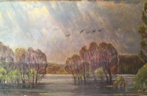 Картина двп масло Весенний разлив на реке Дёма