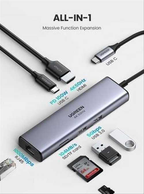 USB-концентратор Ugreen 4K60Гц, Type-C, Hdmi, RJ45